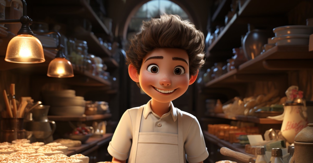 3D pixar Character Child Boy Bake with relevant environment 4
