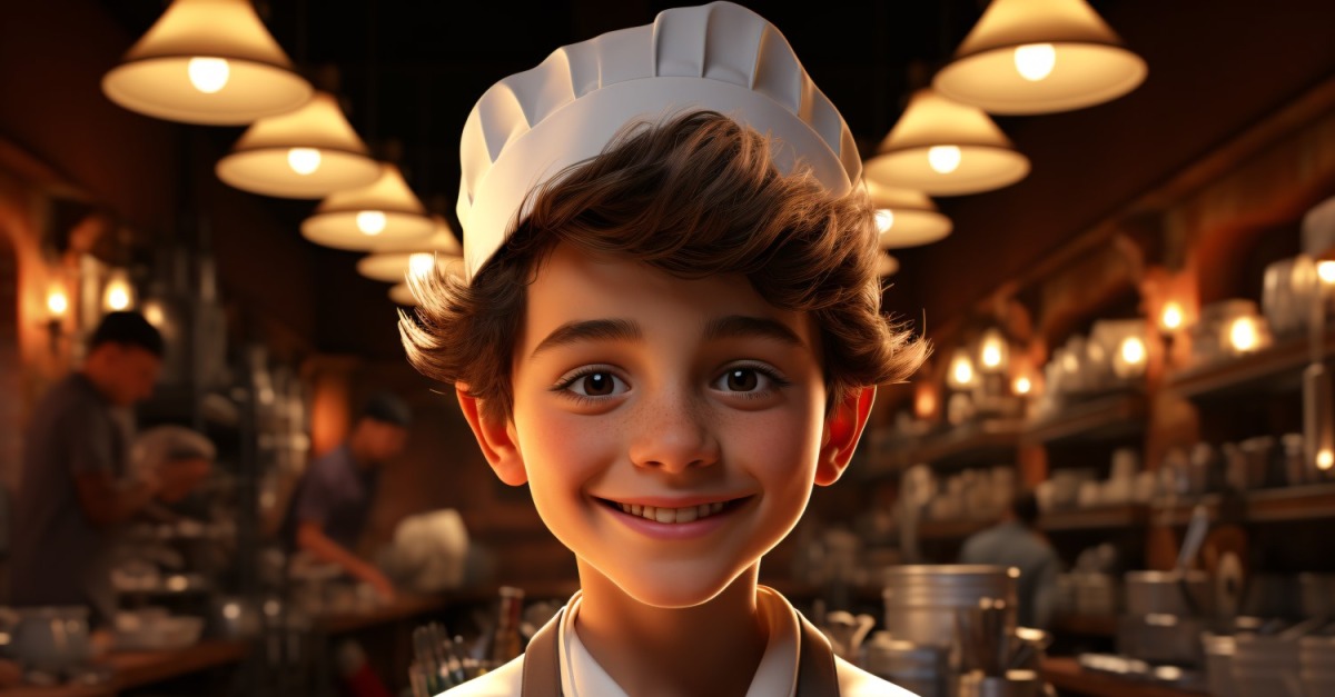 3D pixar Character Child Boy Chef with relevant environment 3
