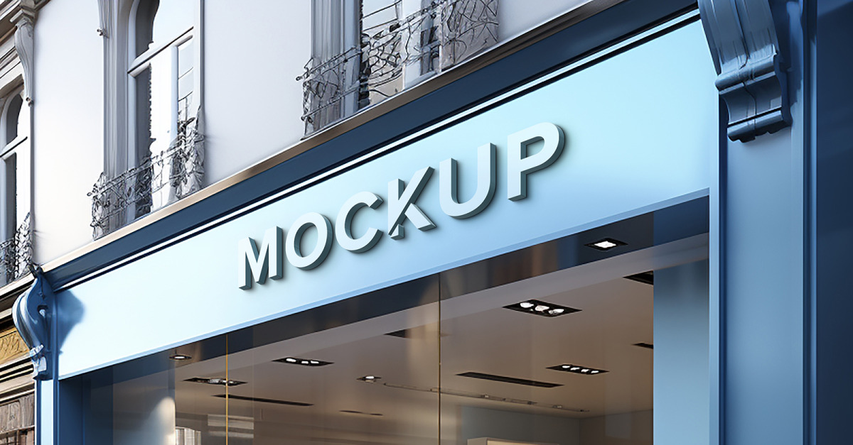 Perspective facade sign mockup psd 3d realistic front sign company logo ...