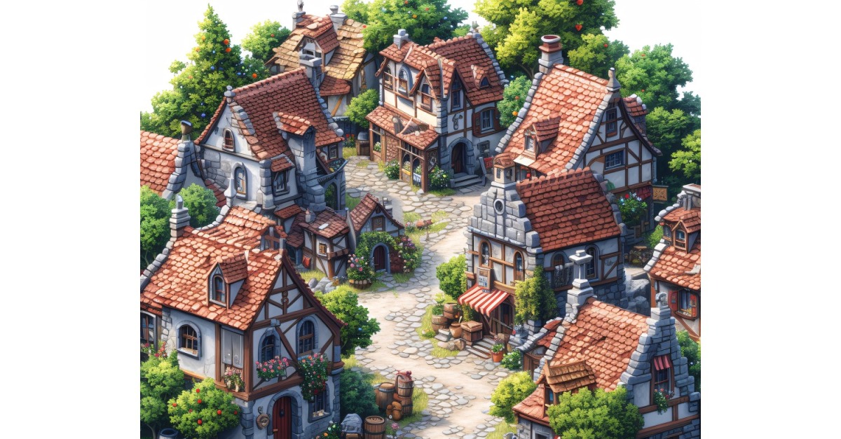 Busy medieval city Set of Video Games Assets Sprite Sheet 10