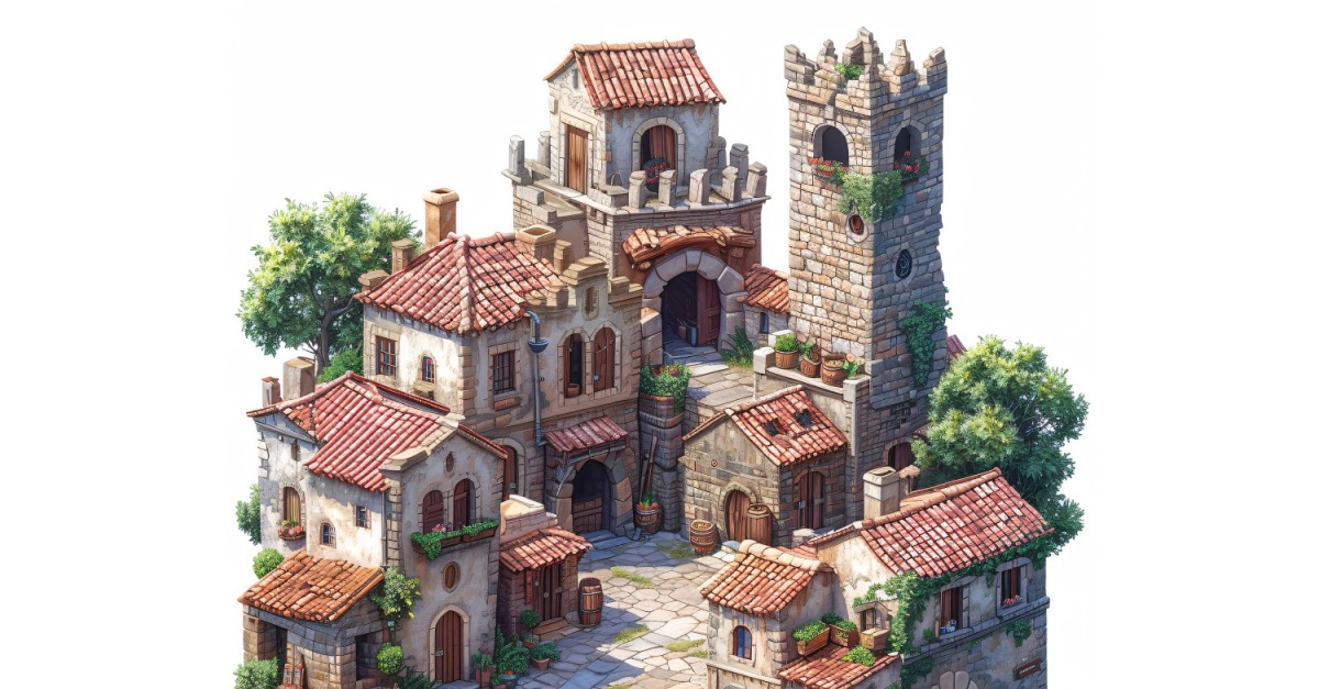 Busy medieval city Set of Video Games Assets Sprite Sheet 11