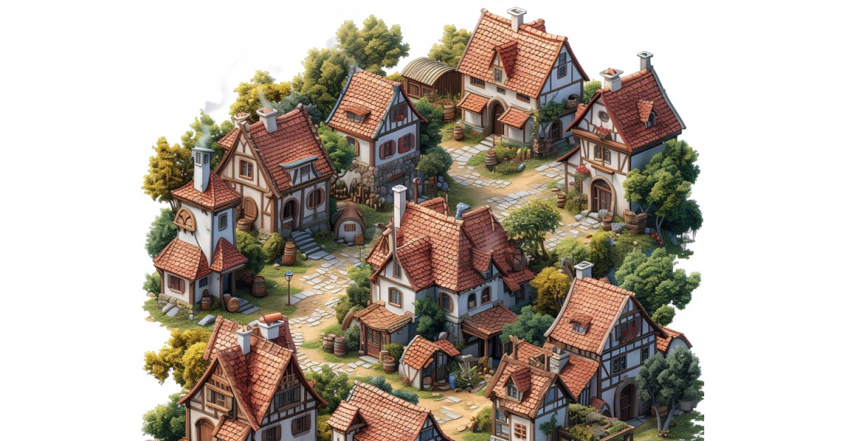 Busy medieval city Set of Video Games Assets Sprite Sheet 1