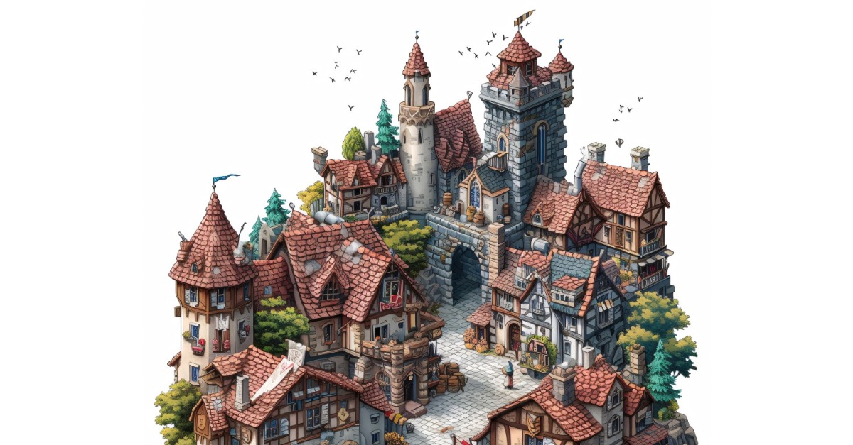 Busy medieval city Set of Video Games Assets Sprite Sheet 3