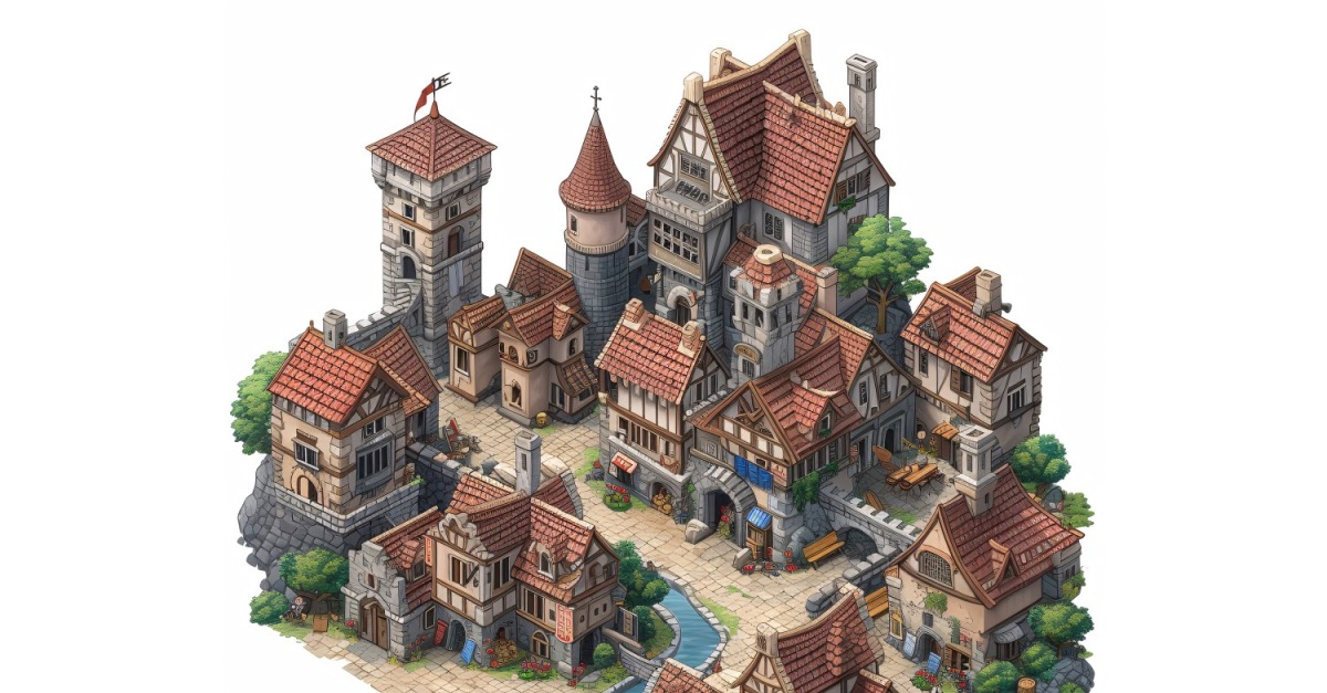 Busy medieval city Set of Video Games Assets Sprite Sheet 4