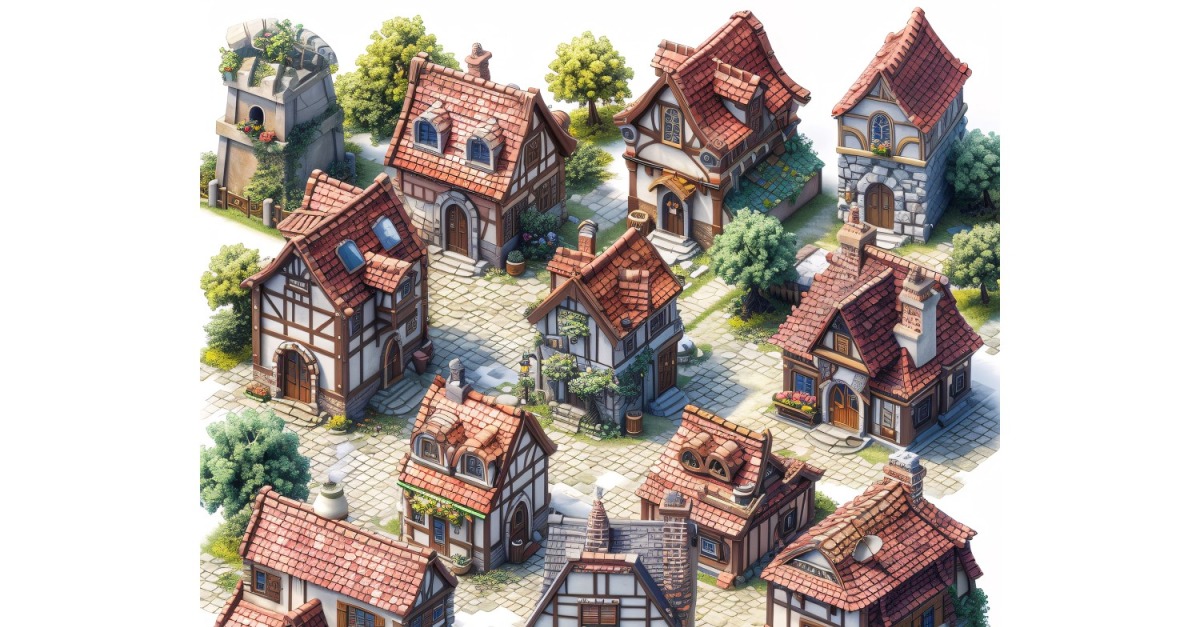 Busy medieval city Set of Video Games Assets Sprite Sheet 8