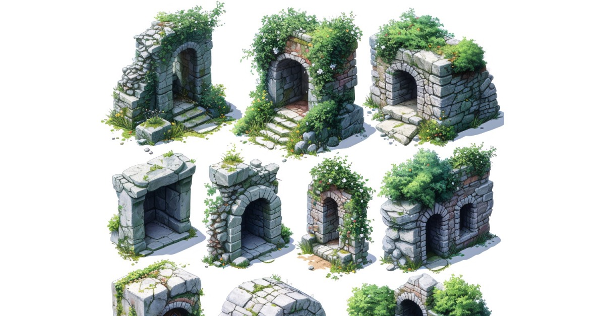 Entrance to catacombs Set of Video Games Assets Sprite Sheet White ...