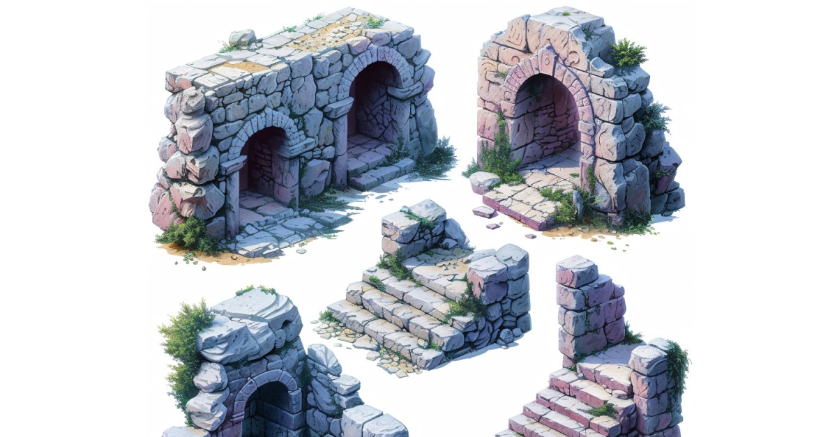 Entrance to catacombs Set of Video Games Assets Sprite Sheet White ...