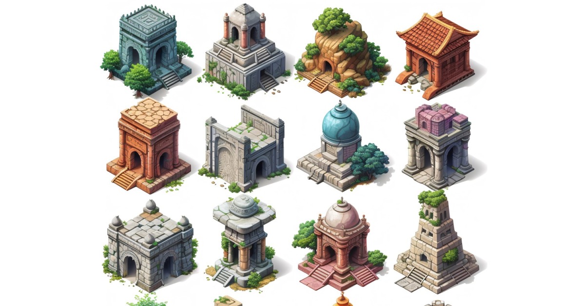 Fantasy temple Set of Video Games Assets Sprite Sheet White background 1