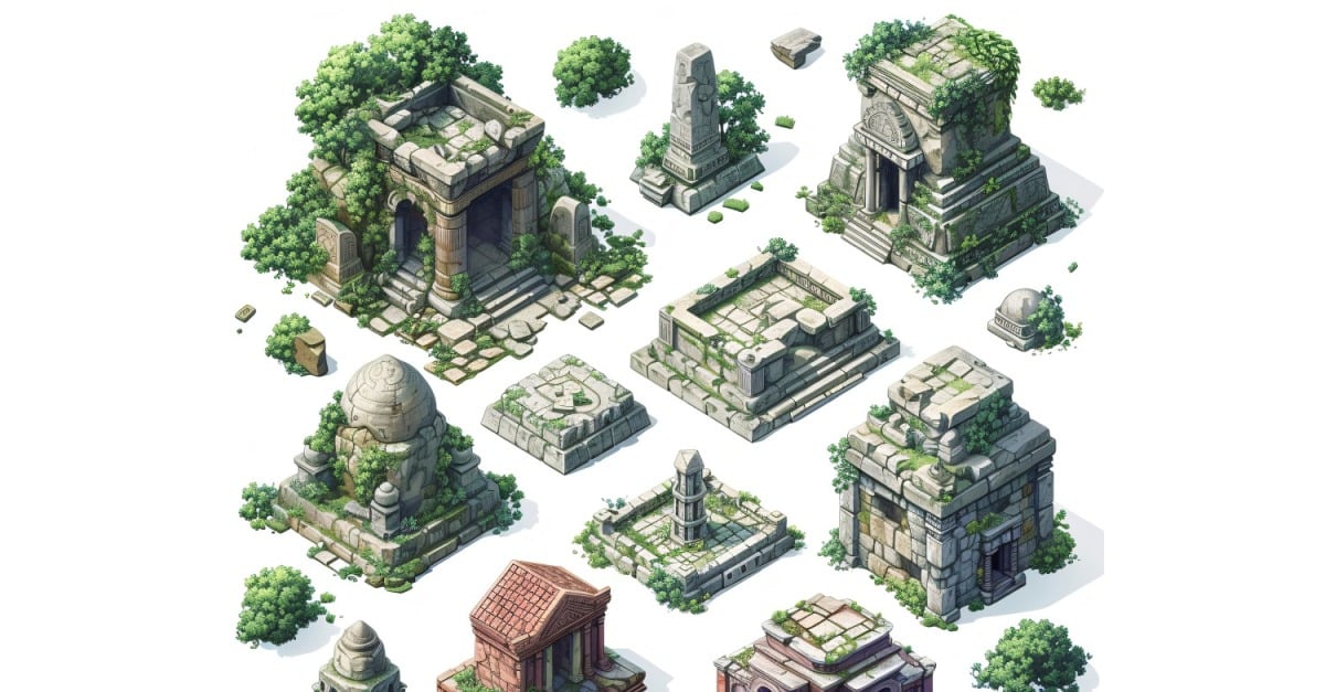 Fantasy temple Set of Video Games Assets Sprite Sheet White background 2