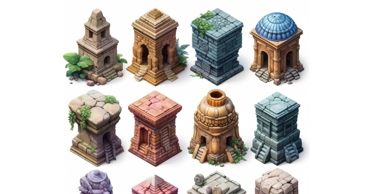 Fantasy temple Set of Video Games Assets Sprite Sheet White background 6