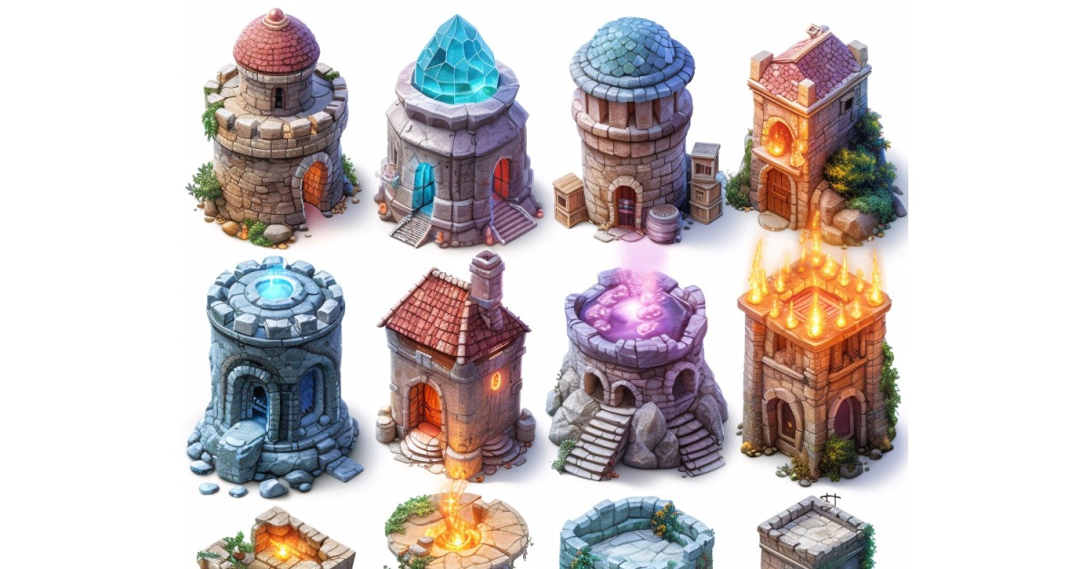 Mage towers with lightening Set of Video Games Assets Sprite Sheet 2
