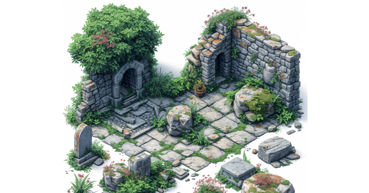 Monestary with graveyard Set of Video Games Assets Sprite Sheet 01