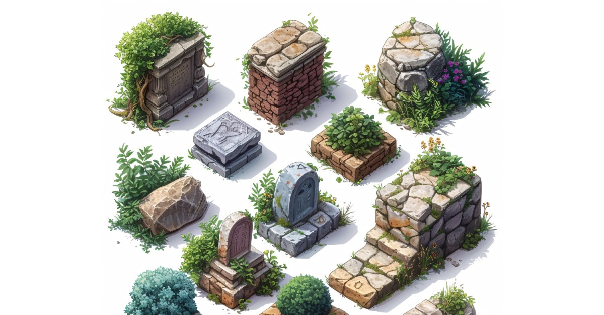 Monestary with graveyard Set of Video Games Assets Sprite Sheet 04