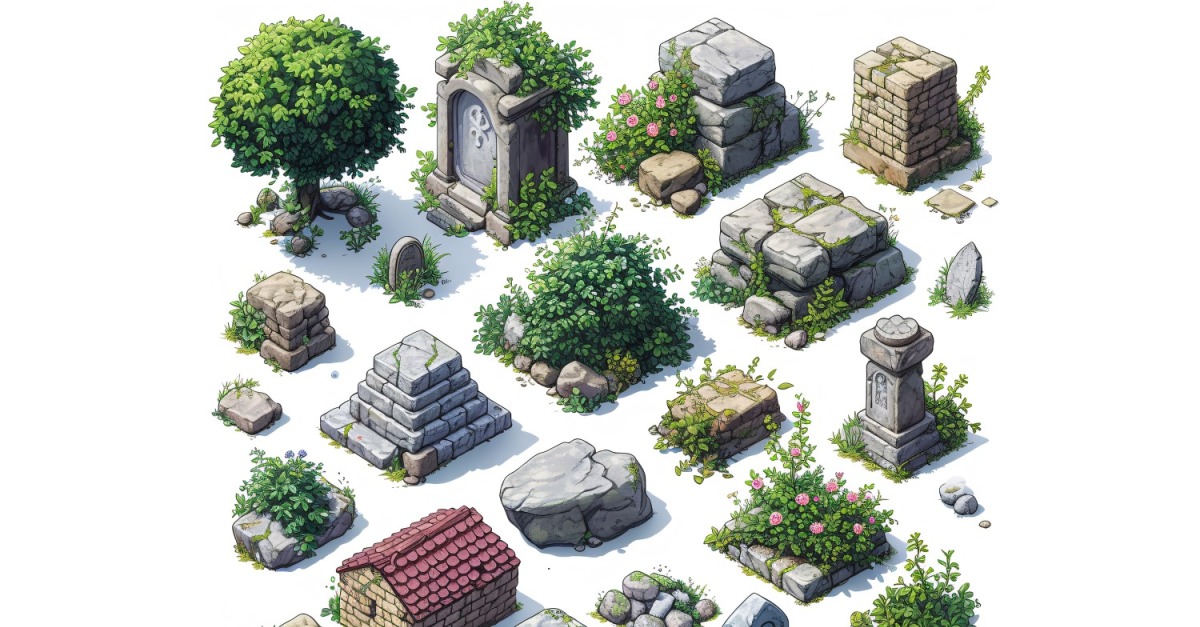 Monestary with graveyard Set of Video Games Assets Sprite Sheet 1