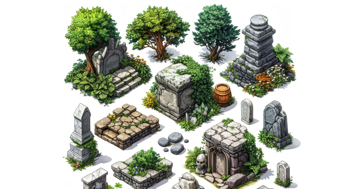 Monestary with graveyard Set of Video Games Assets Sprite Sheet 3