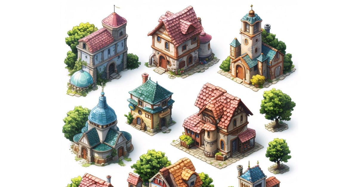 Fantasy Buildings Set of Video Games Assets Sprite Sheet 233