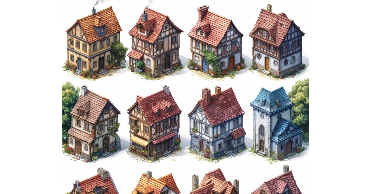 Fantasy Buildings Set of Video Games Assets Sprite Sheet 234