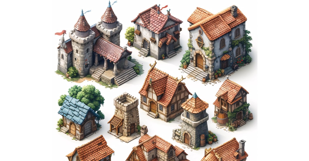 Fantasy Buildings Set of Video Games Assets Sprite Sheet 240