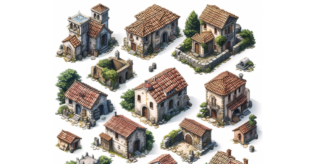 Fantasy Buildings Set of Video Games Assets Sprite Sheet 245