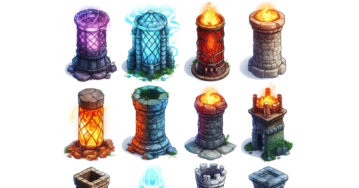 Mage towers with lightening Set of Video Games Assets Sprite Sheet 198