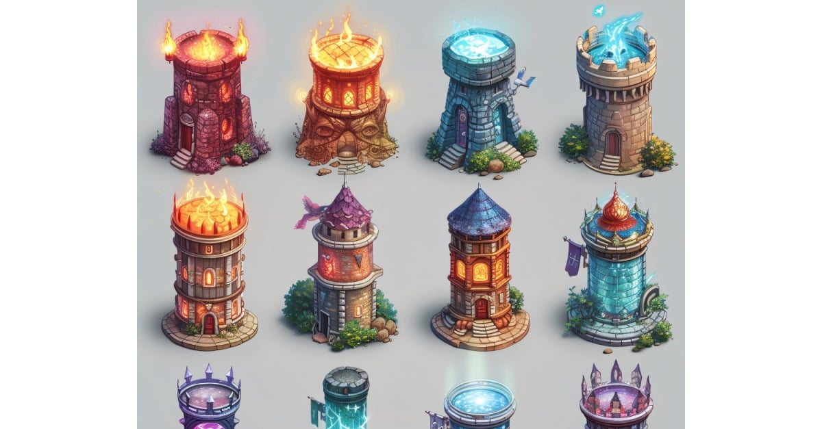 Mage towers with lightening Set of Video Games Assets Sprite Sheet 202