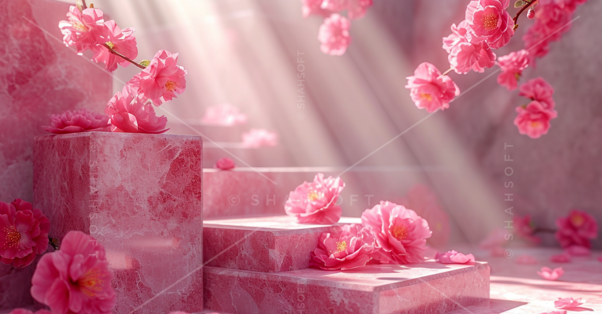 Fleurs roses Pétales Tombant Produit Cosmétique Marbre Podium 05