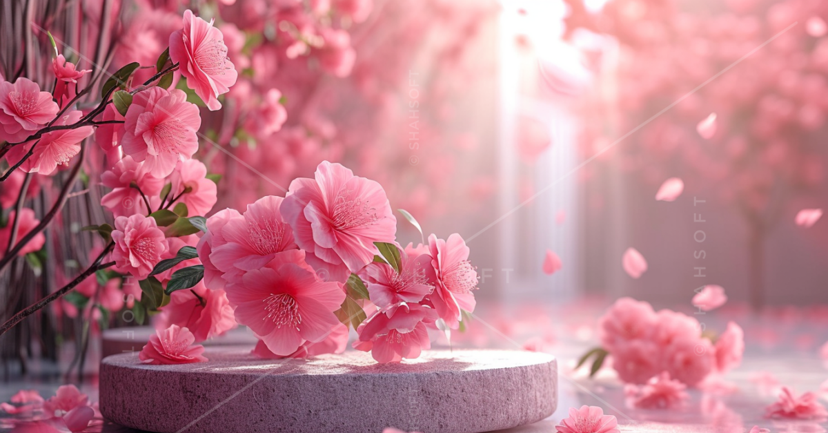 Fleurs roses Pétales Tombant Produit Cosmétique Marbre Podium 170.