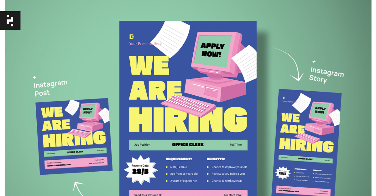 Blue Office Clerk Job Hiring Flyer #422765 - TemplateMonster