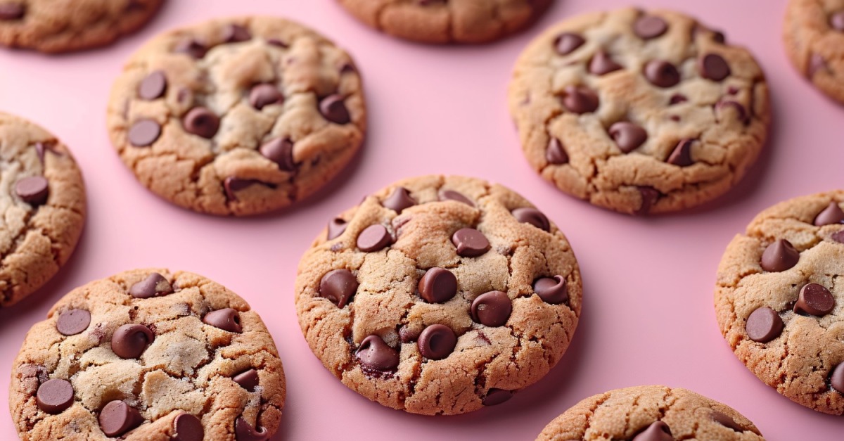 Chocolate chip cookies collage on pink background 76