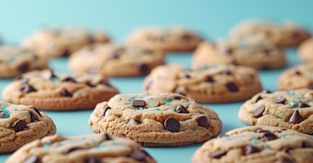 Chocolate chip cookies collage on teal background 71
