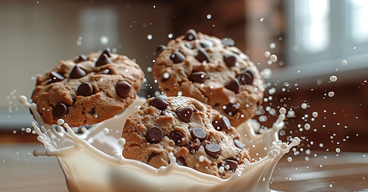 Floating Chocolate chip cookies with milk splashes 84