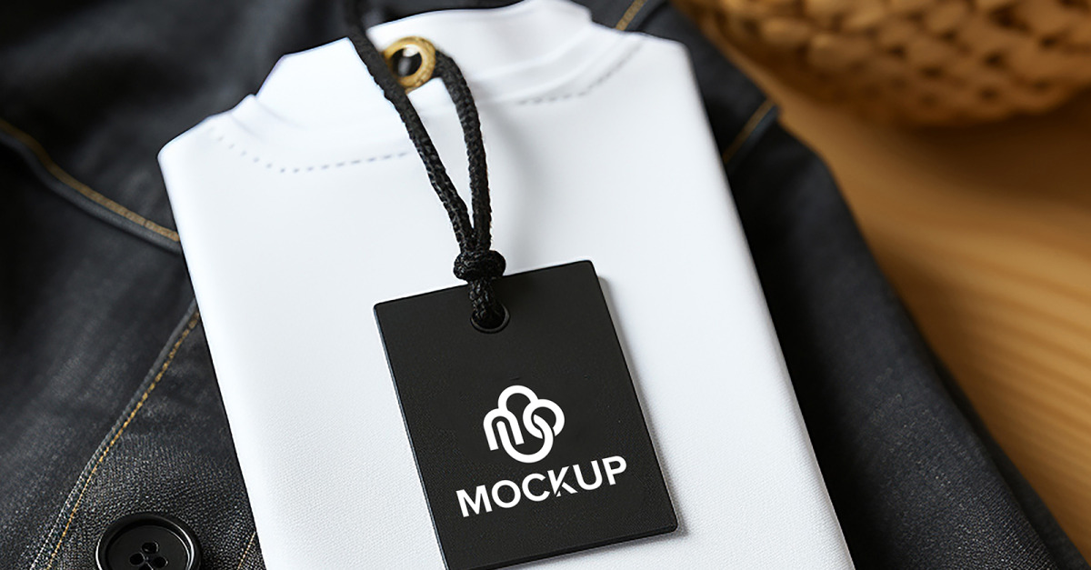 Tshirt label mockup psd hang tag mockup on cloth close up on label tag ...