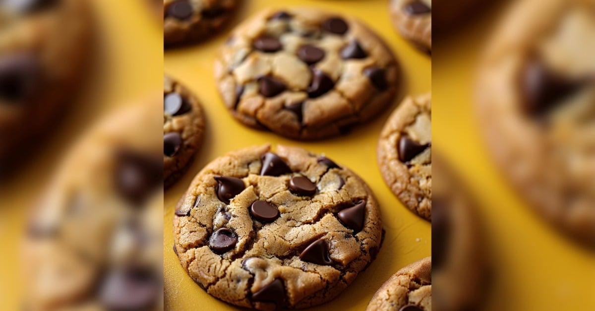 Chocolate chip cookies collage on yellow background 65