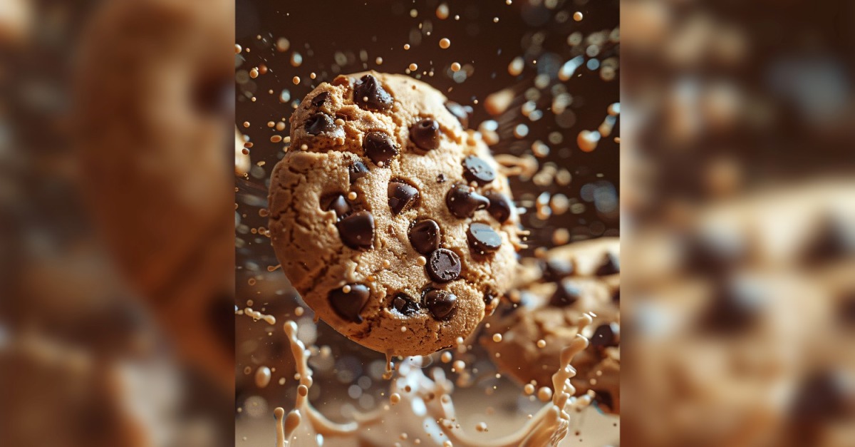 Floating Chocolate chip cookies with milk splashes 75