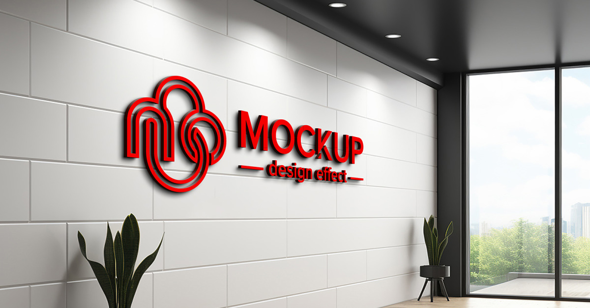 Kapalı mekandaki beyaz duvarda kırmızı 3 boyutlu logo maketi perspektif ...