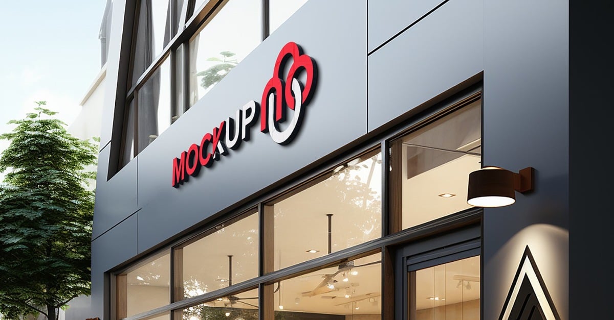 Shop name facade logo mockup psd shop front signage logo mockup