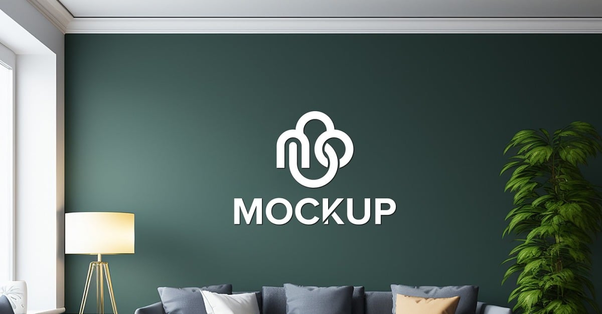 Wall sign logo mockup in the living room with sofa