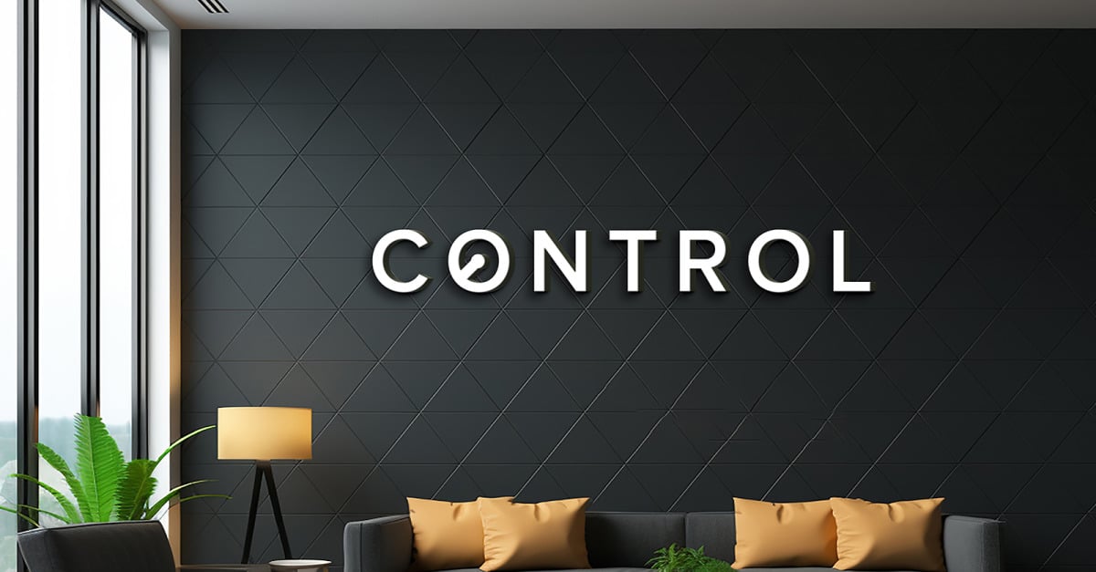 Control 3d logo mockup on black wall indoor with table and sofa