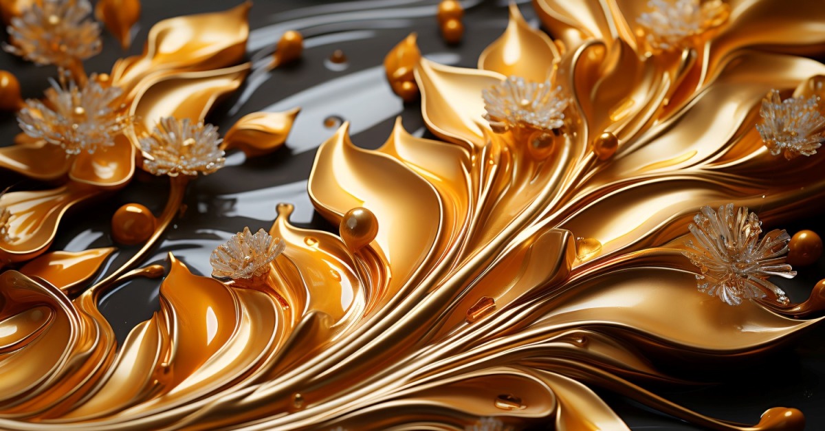 Ornement tourbillonne feuilles dorées, fond floral 4