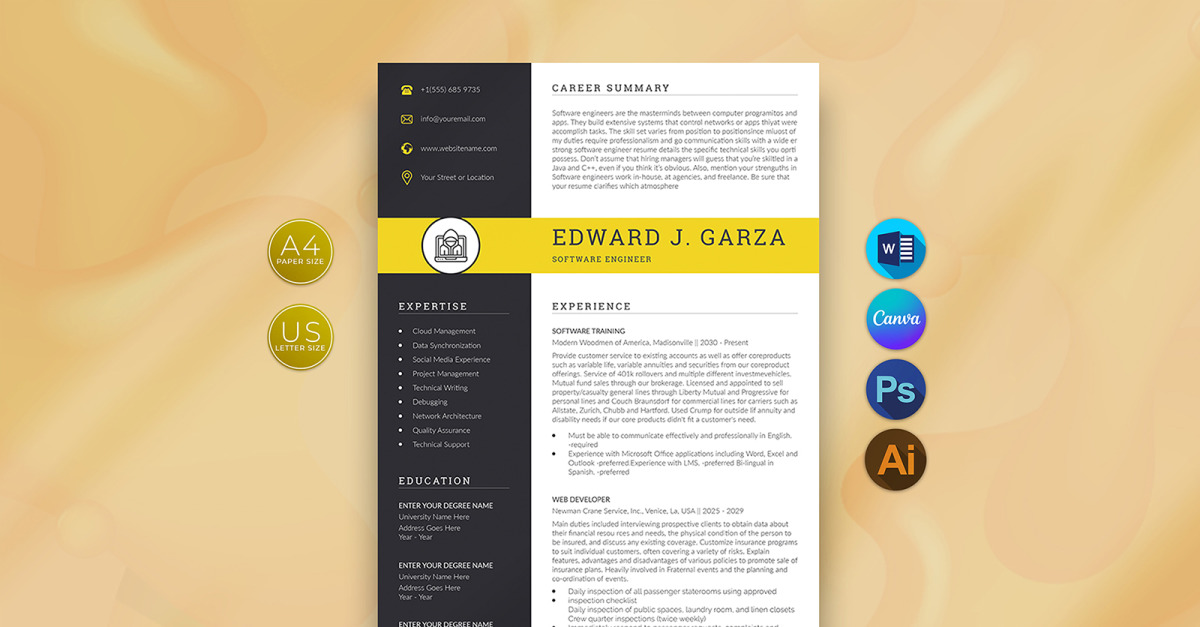 Canva and MS Word Software Engineer Resume Template Design