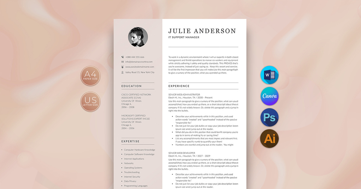 Canva and Word IT Support Manager Resume Template Design