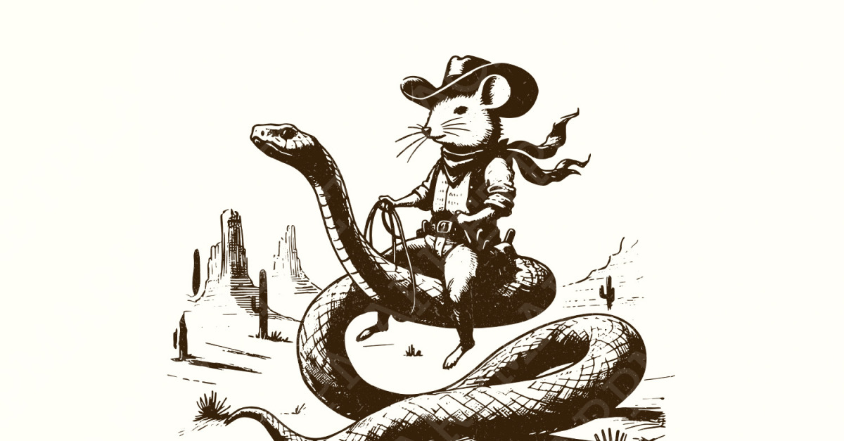 Mouse Cowboy riding Snake PNG, Whimsical Western Art, Cute Animal ...