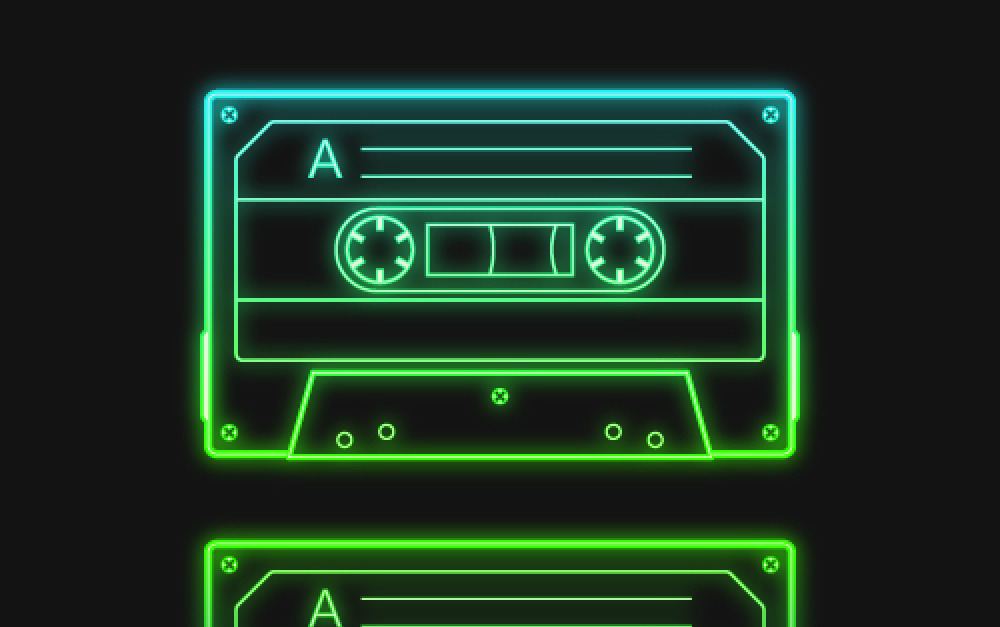 Neon retro audio green cassette tape, a vector illustration set