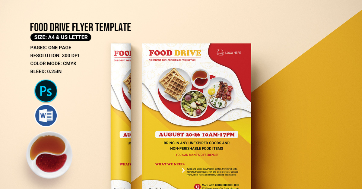 Modèle de flyer de collecte de nourriture. Mot et PSD