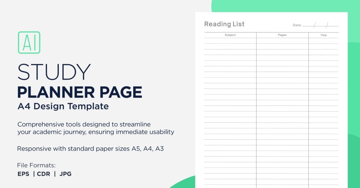 Reading List Study Planning Page, Planner Sheet, Design Template 08