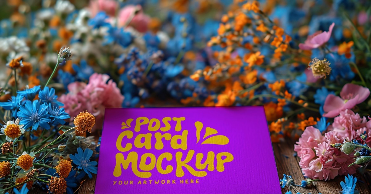 质朴的木桌上放有鲜花的明信片模型 158 #430717 - TemplateMonster