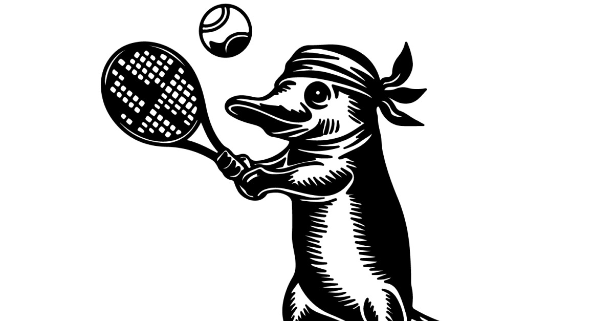 A striking, monochromatic illustration of a platypus playing tennis