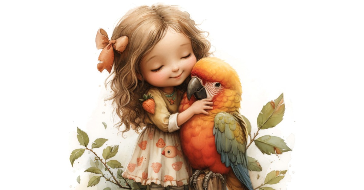 Girl Hugging with Parrot 32. #431315 - TemplateMonster