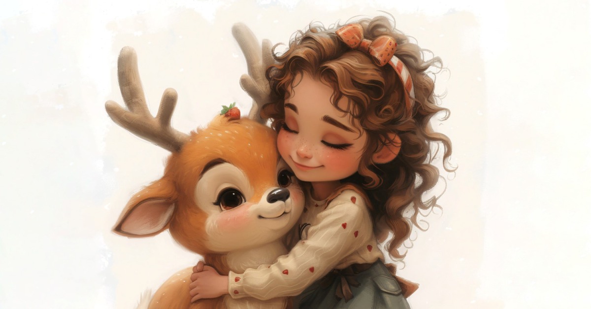 Girl Hugging with Unicorn Red Deer 83 - TemplateMonster