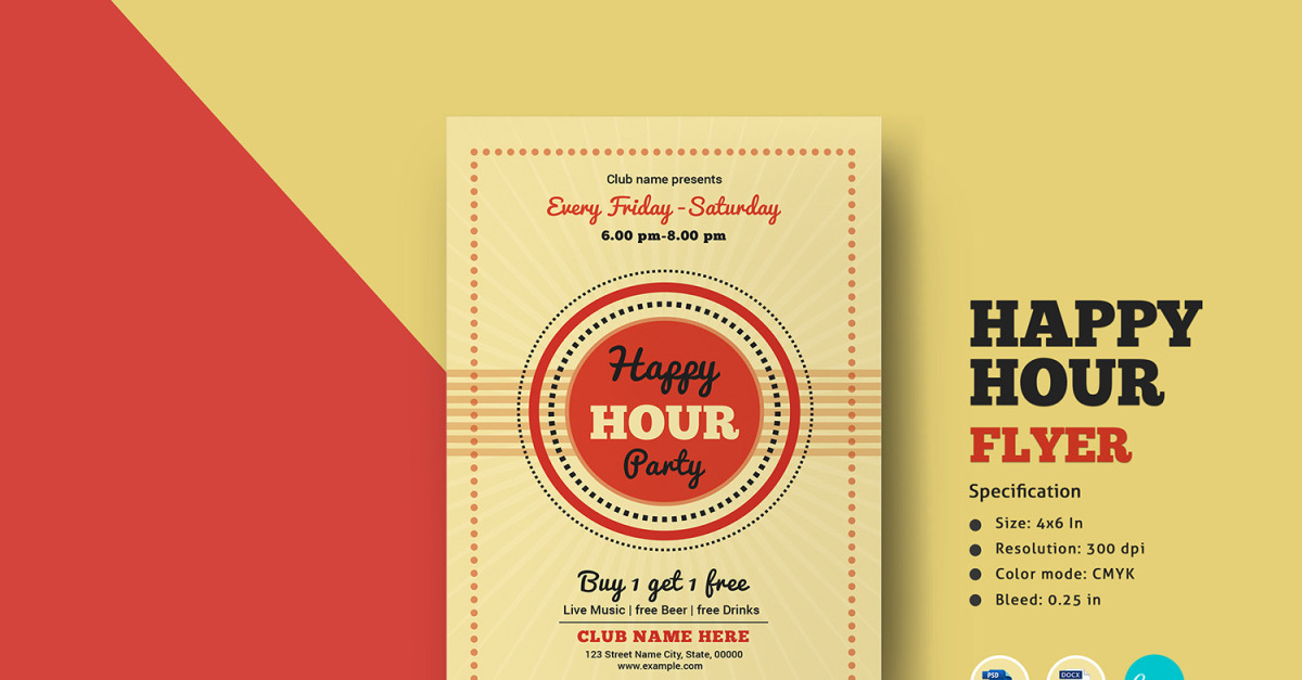 Modello di volantino per festa dell'happy hour. Word, Psd e Canva